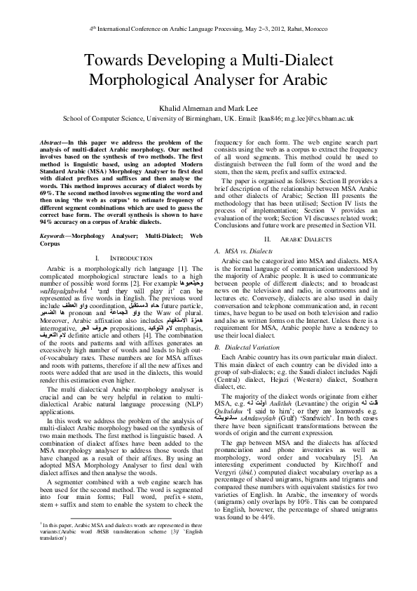 (PDF) Towards Developing a Multi-Dialect Morphological Analyser for Arabic