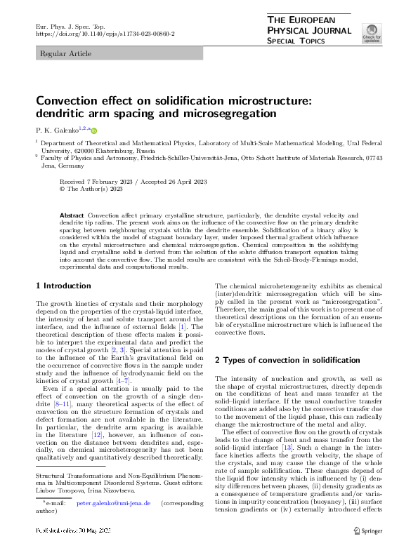 (PDF) Convection effect on solidification microstructure: dendritic arm spacing and microsegregation