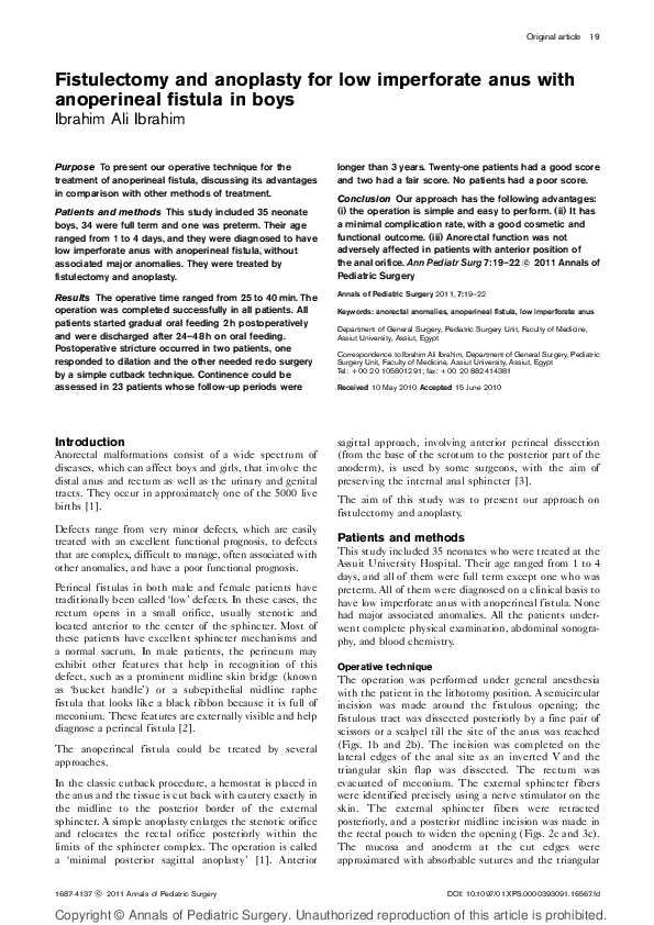 (PDF) Fistulectomy and anoplasty for low imperforate anus with ...