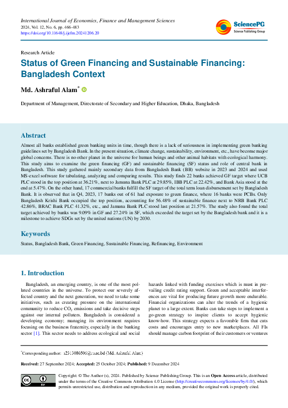 (PDF) Status of Green Financing and Sustainable Financing: Bangladesh ...