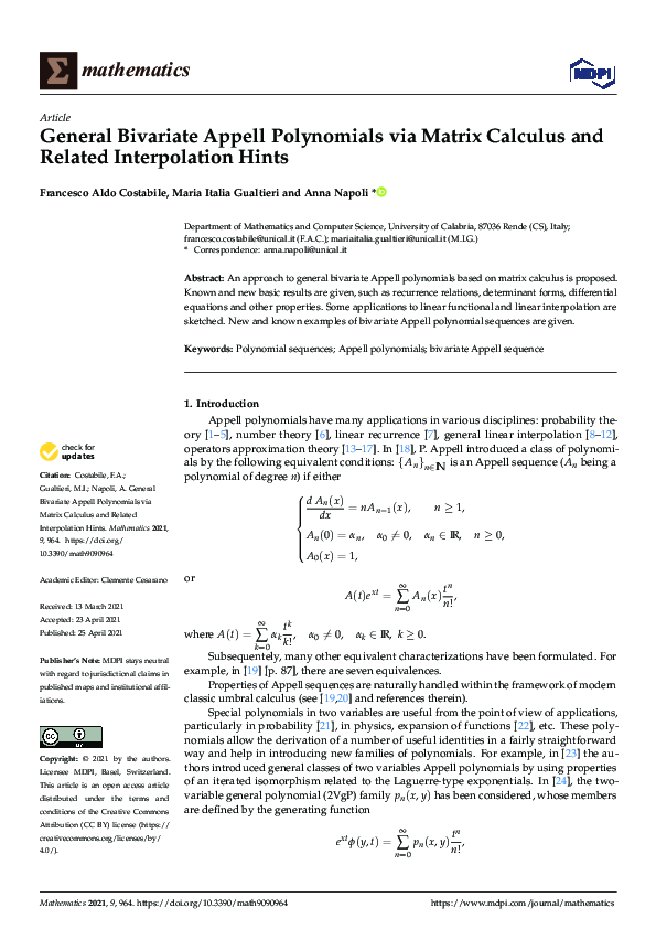 (PDF) General Bivariate Appell Polynomials via Matrix Calculus and Related Interpolation Hints