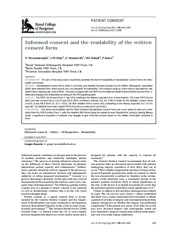 (PDF) Informed consent and the readability of the written consent form