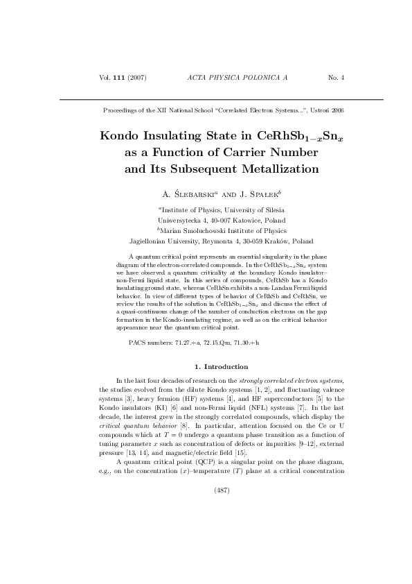 (PDF) Kondo Insulating State in CeRhSb1-xSnxas a Function of Carrier ...