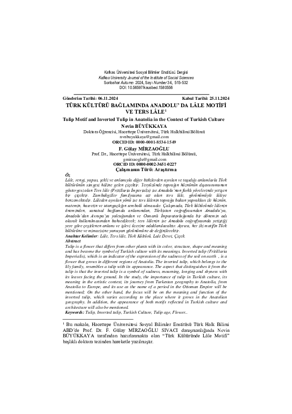 (PDF) TÜRK KÜLTÜRÜ BAĞLAMINDA ANADOLU' DA LÂLE MOTİFİ VE TERS LÂLE ...