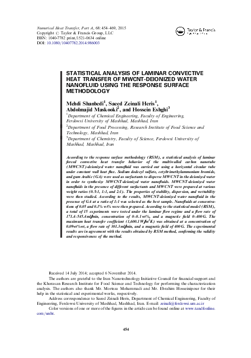 (PDF) Statistical Analysis of Laminar Convective Heat Transfer of MWCNT-Deionized Water ...