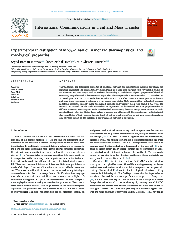 (PDF) Experimental investigation of MoS2/diesel oil nanofluid ...
