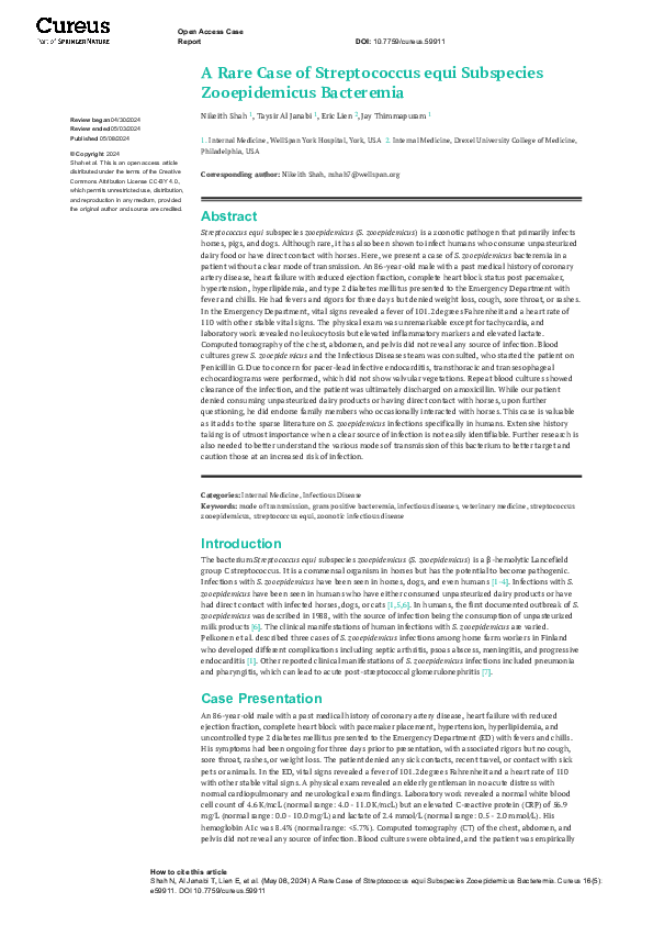 (PDF) A Rare Case of Streptococcus equi Subspecies Zooepidemicus Bacteremia