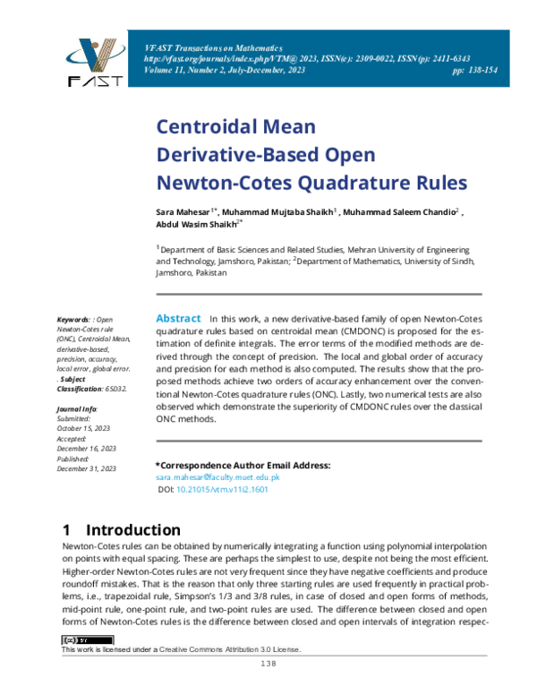 (PDF) Centroidal Mean Derivative-Based Open Newton-Cotes Quadrature Rules