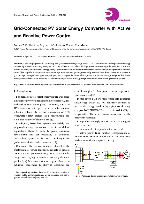 (PDF) Grid-Connected PV Solar Energy Converter with Active and Reactive ...