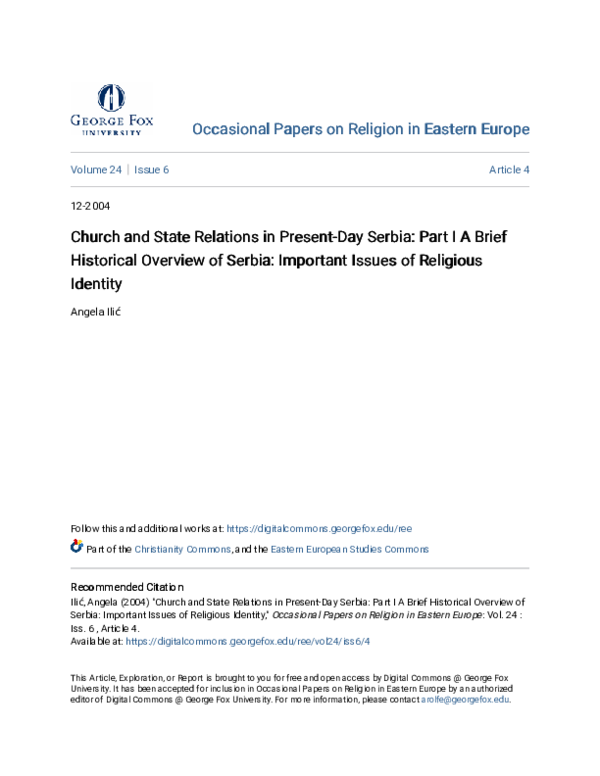 (PDF) Church and State Relations in Present-Day Serbia: Part I A Brief ...