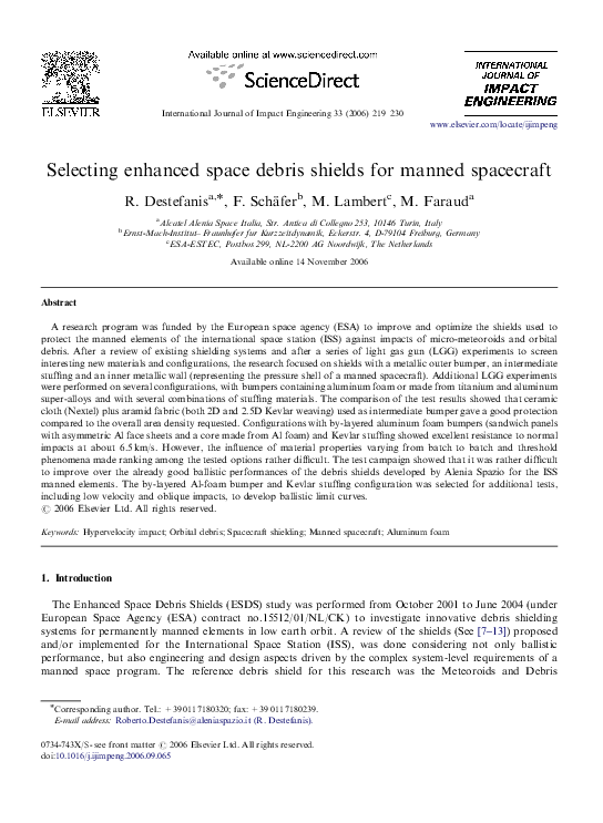 (PDF) Selecting enhanced space debris shields for manned spacecraft