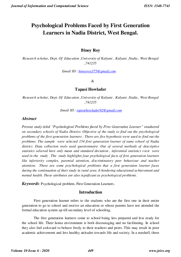 (PDF) Psychological Problems Faced by First Generation Learners in ...