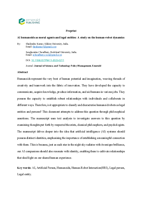 (PDF) AI humanoids as moral agents and legal entities: A study on the human-robot dynamics