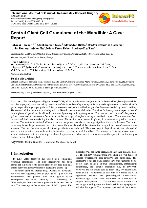 (PDF) Central Giant Cell Granuloma of the Mandible: A Case Report