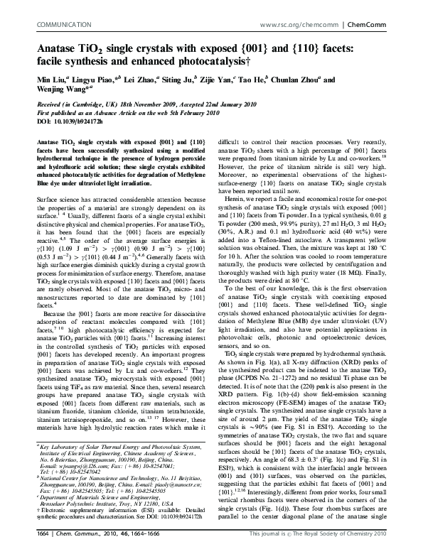 (PDF) Anatase TiO2 single crystals with exposed {001} and {110} facets ...