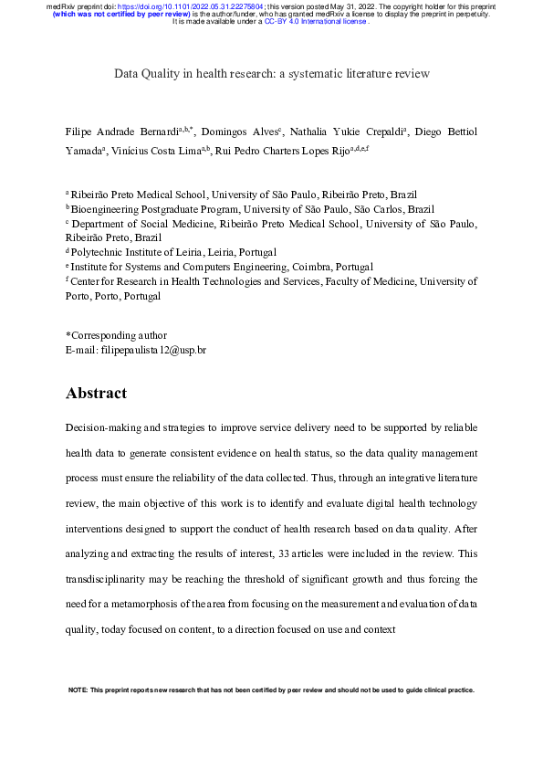 (PDF) Data Quality in health research: a systematic literature review