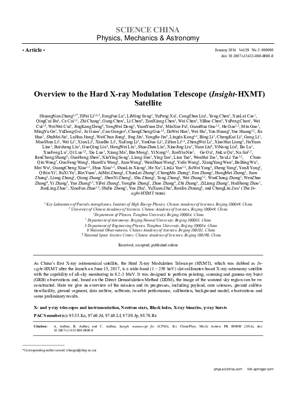 (PDF) Overview to the Hard X-ray Modulation Telescope (Insight-HXMT ...