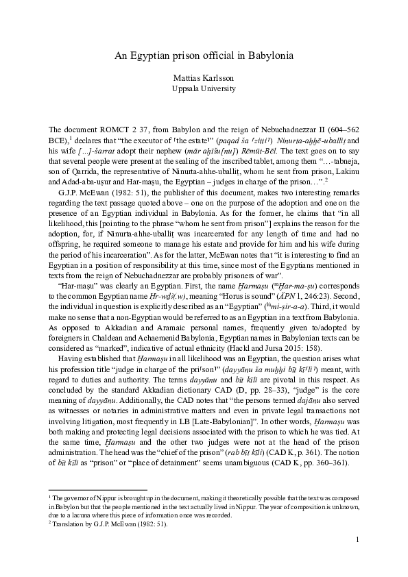 (PDF) An Egyptian prison official in Babylonia (submitted version)