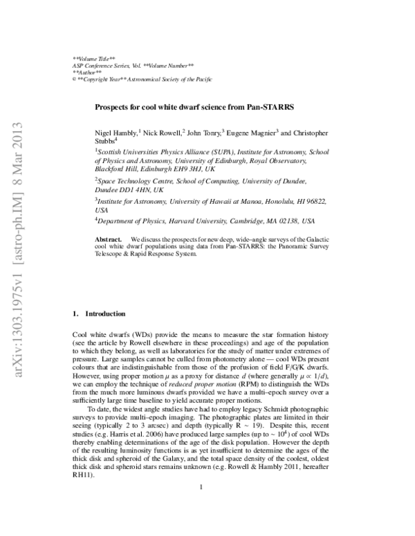 (PDF) Prospects for cool white dwarf science from Pan-STARRS