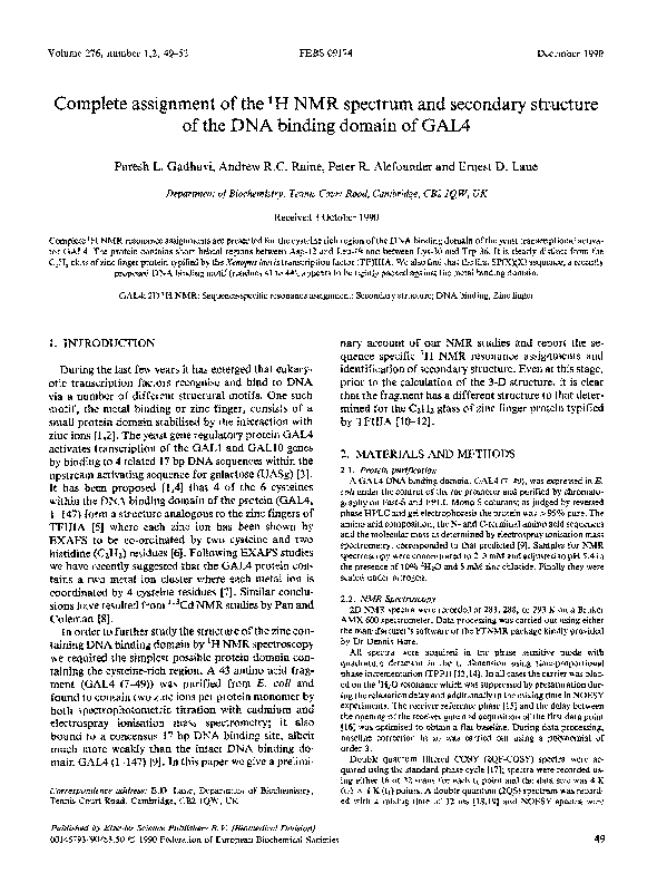 (PDF) Complete assignment of the 1H NMR spectrum and secondary structure of the DNA binding ...