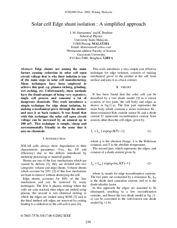 (PDF) Solar cell edge shunt isolation: a simplified approach