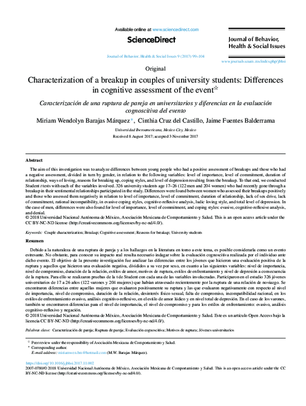 (PDF) Characterization of a breakup in couples of university students: Differences in cognitive ...