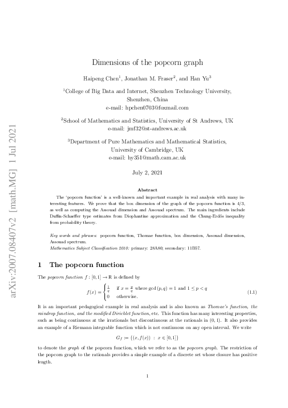 (PDF) Dimensions of the popcorn graph
