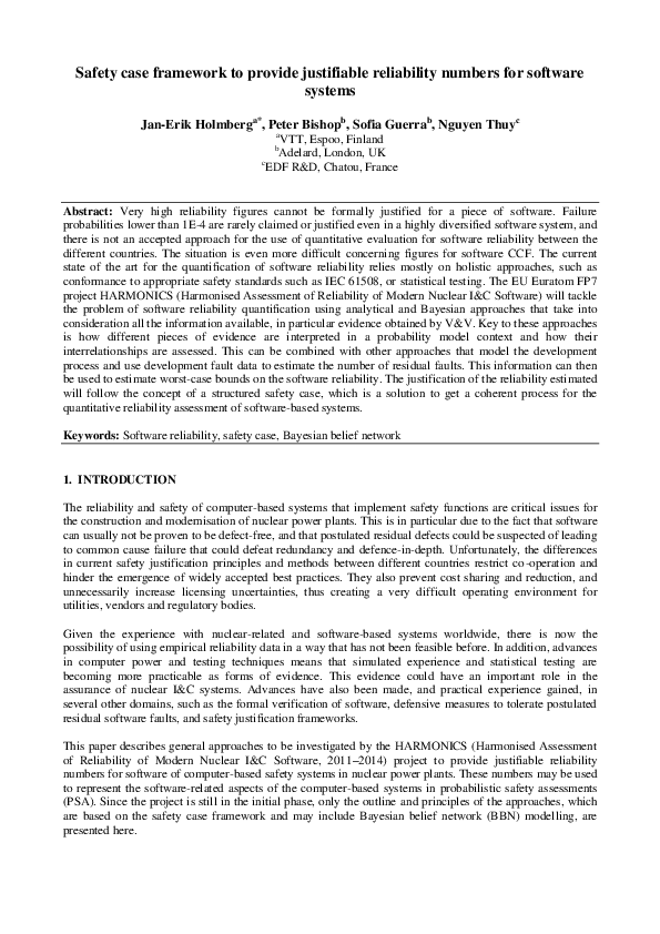 (PDF) Safety case framework to provide justifiable reliability numbers for software systems