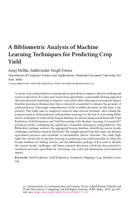 (PDF) A Bibliometric Analysis of Machine Learning Techniques for Predicting Crop Yield