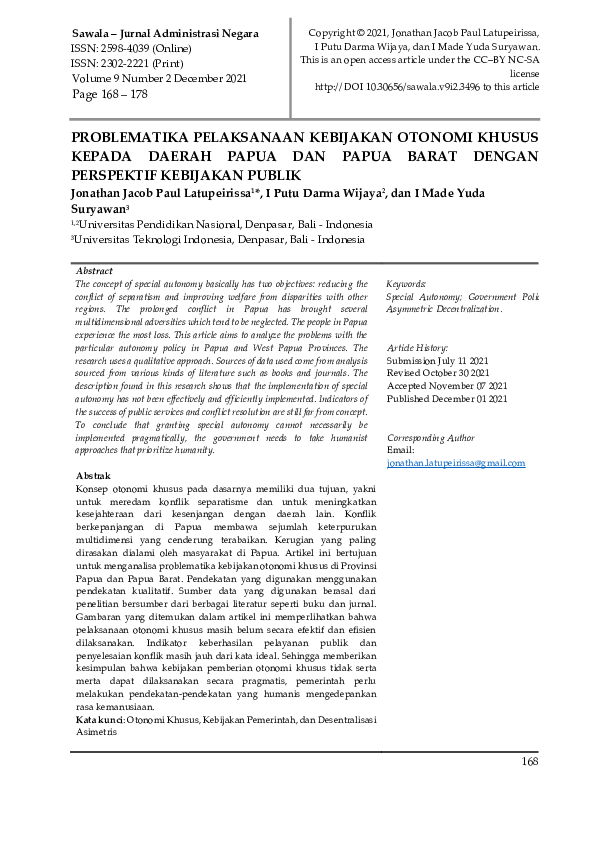 (PDF) Problematika Pelaksanaan Kebijakan Otonomi Khusus kepada Daerah Papua dan Papua Barat ...