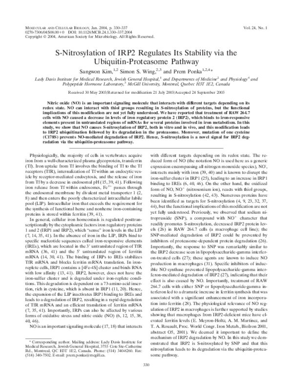 (PDF) S-Nitrosylation of IRP2 Regulates Its Stability via the Ubiquitin ...