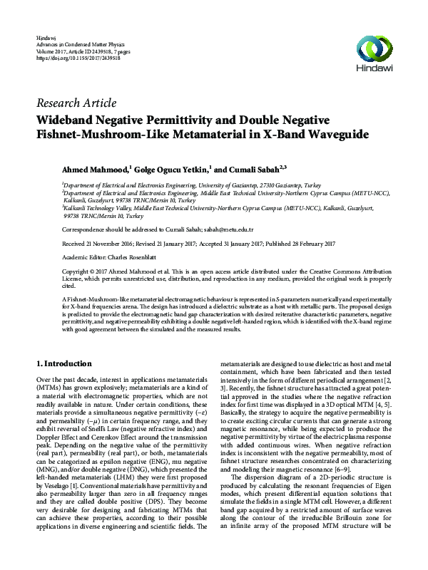 (PDF) Wideband Negative Permittivity and Double Negative Fishnet-Mushroom-Like Metamaterial in X ...