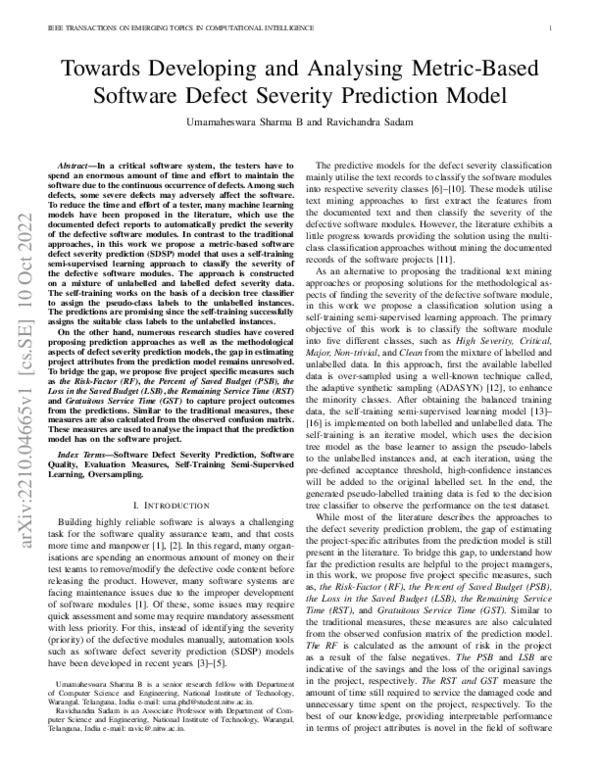 (PDF) Towards Developing and Analysing Metric-Based Software Defect Severity Prediction Model