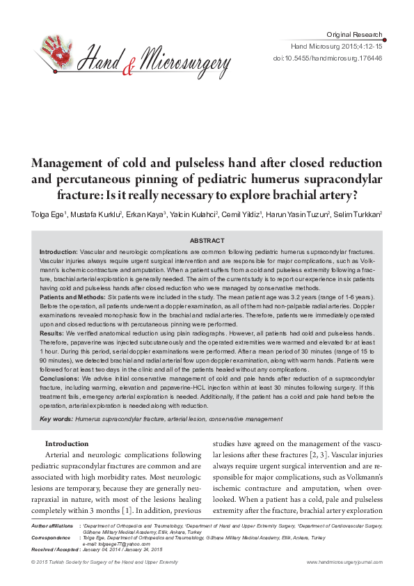 (PDF) Management of cold and pulseless hand after closed reduction and ...