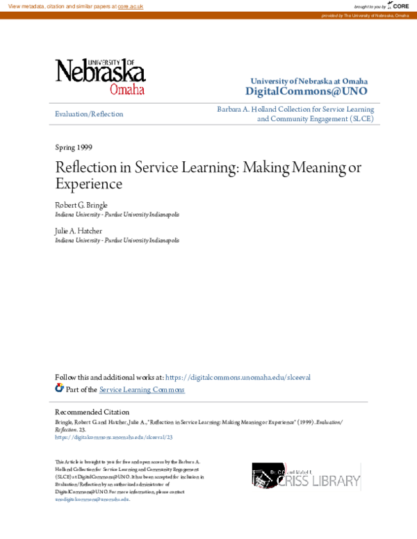 (PDF) Reflection in service learning: Making meaning of experience