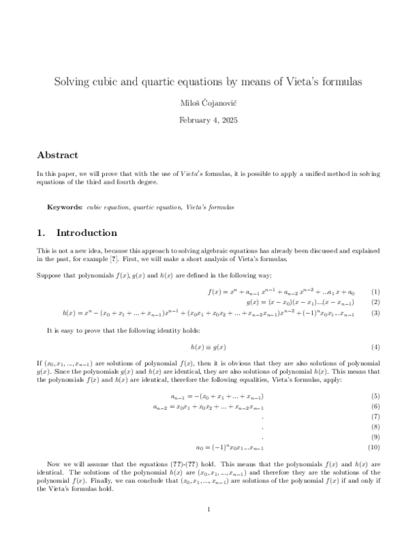 (PDF) Solving cubic and quartic equations by means of Vieta's formulas