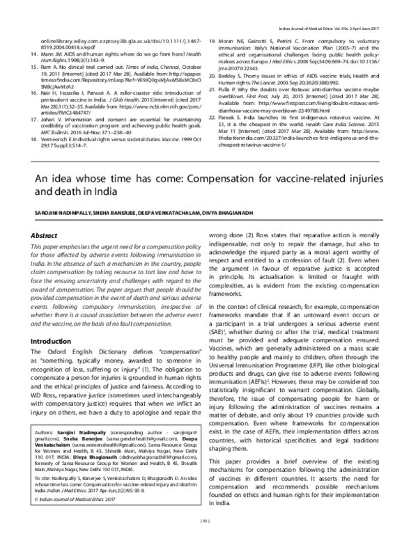 (PDF) An idea whose time has come: Compensation for vaccine-related injuries and death in India
