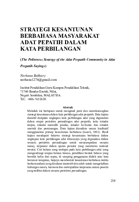 (PDF) Strategi Kesantunan Berbahasa Masyarakat Adat Perpatih dalam Kata ...