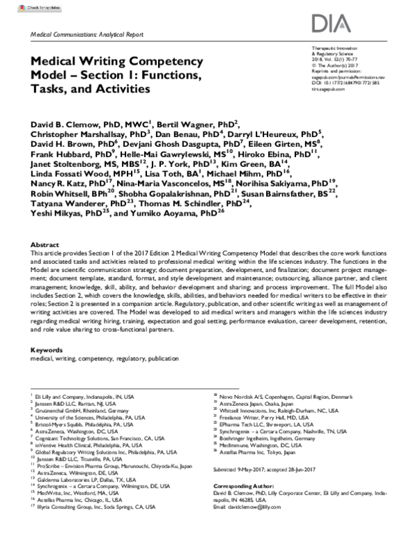 (PDF) Medical Writing Competency Model — Section 1: Functions, Tasks ...