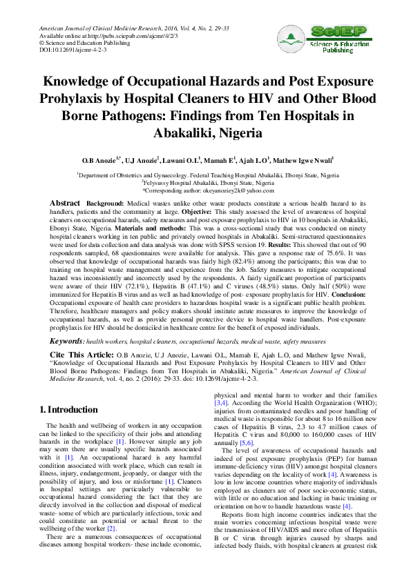 (PDF) Occupational Exposure to Blood-Borne Pathogens in a Tertiary ...