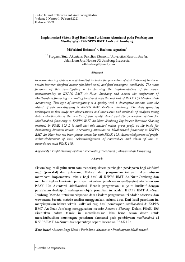 (PDF) Implementasi Sistem Bagi Hasil dan Perlakuan Akuntansi pada Pembiayaan Mudharabah Di KSPPS ...
