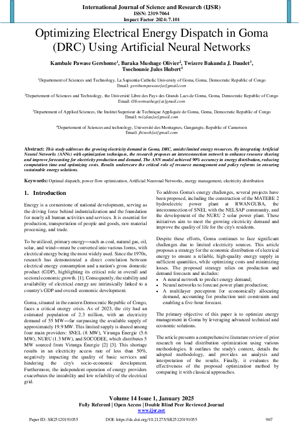 (PDF) Optimizing Electrical Energy Dispatch in Goma (DRC) Using ...