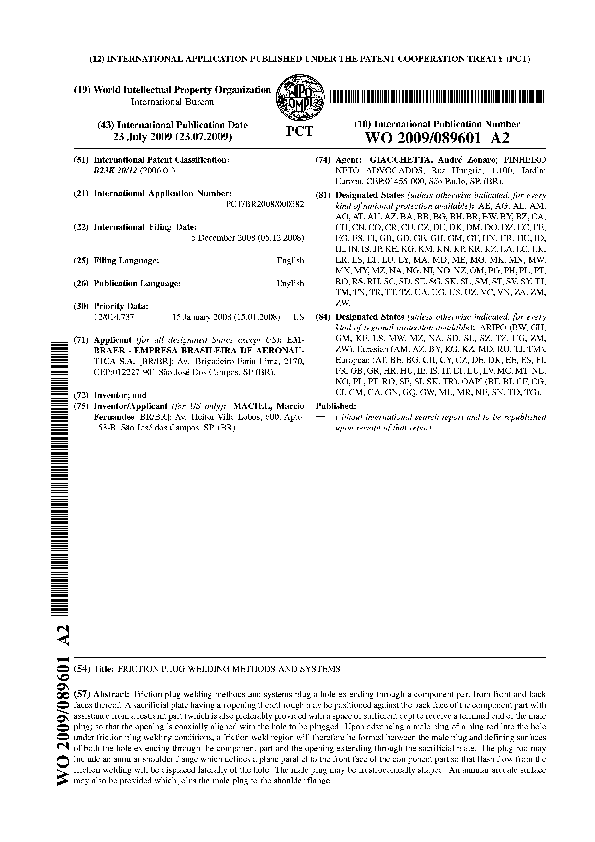 (PDF) Friction Plug Welding Methods and Systems - 2009 089601 A