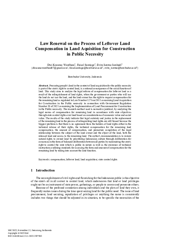 (PDF) Law Renewal on the Process of Leftover Land Compensation in Land ...