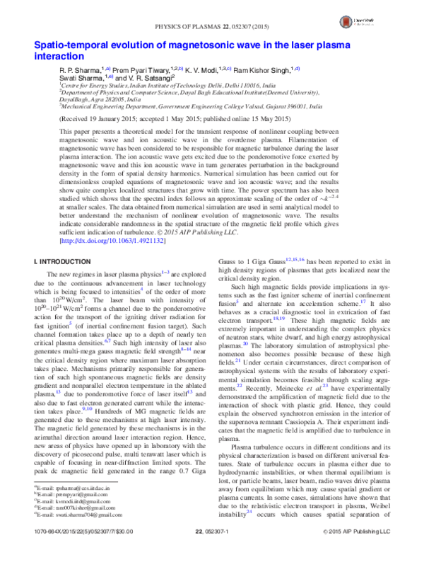 (PDF) Spatio-temporal evolution of magnetosonic wave in the laser plasma interaction