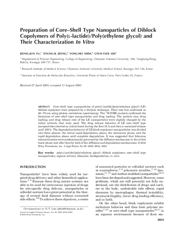 (PDF) Preparation of core-shell type nanoparticles of diblock copolymers of poly(L-lactide)/poly ...