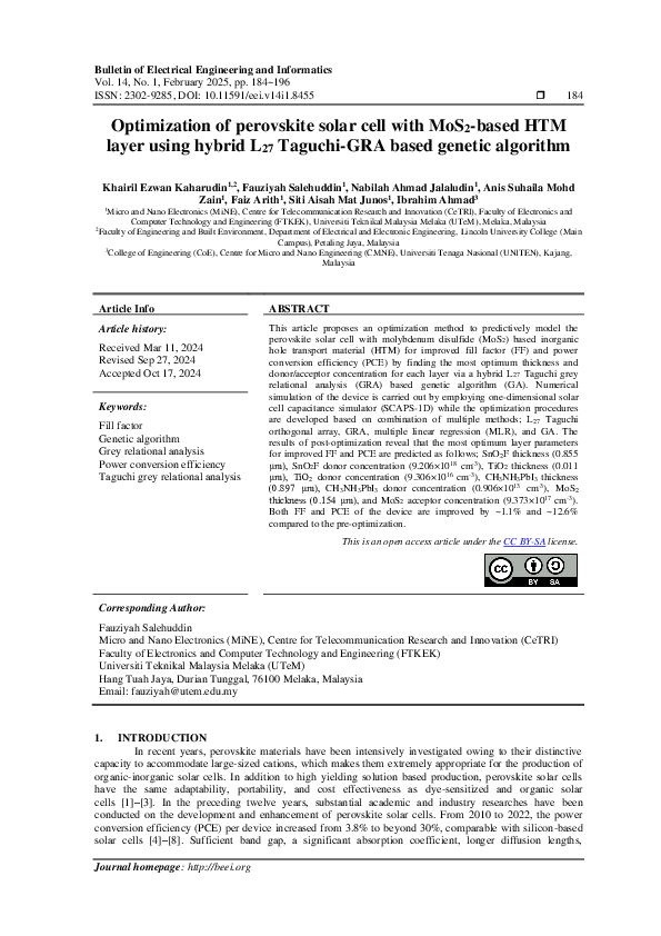 (PDF) Optimization of perovskite solar cell with MoS2-based HTM layer using hybrid L27 Taguchi ...
