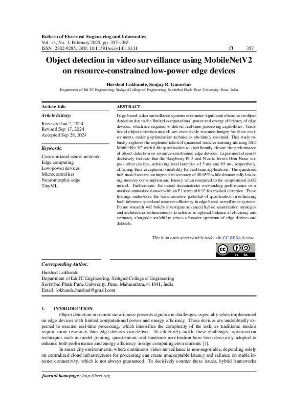 Pdf Object Detection In Video Surveillance Using Mobilenetv2 On Resource Constrained Low Power