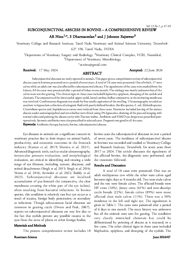(PDF) SUBCONJUNCTIVAL ABSCESS IN BOVINE -A COMPREHENSIVE REVIEW