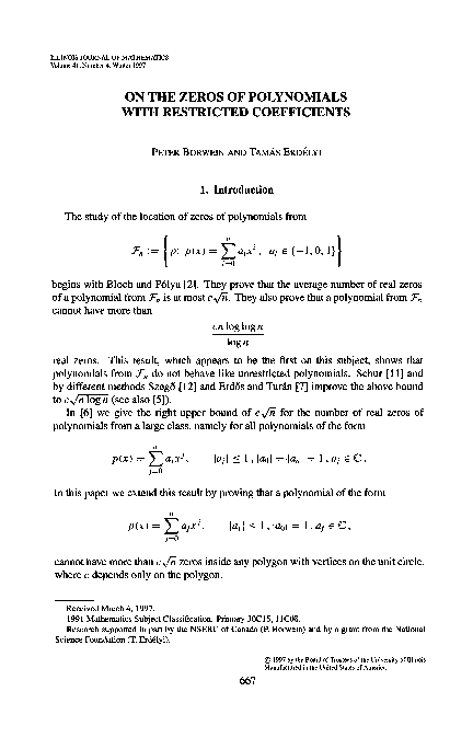 (PDF) On the zeros of polynomials with restricted coefficients